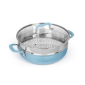 Granitestone Nonstick Everyday Pan Stir Fry Pan Multi-Purpose Pan 3 Piece Set with Tempered Glass Lid & Stainless-Steel Steamer, 5.5 Qt, Dishwasher Safe - 100% PFOA FREE, Turquoise