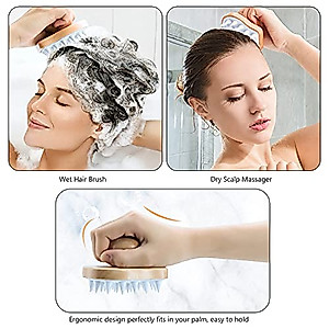 Scalp Massager Shampoo Brush, Wooden Wet and Dry Hair Scalp Care Brush, Shower Brush Scalp Scrubber Exfoliator with Soft Silicone Bristles for Dandruff Removal, Hair Growth (White)