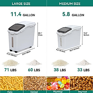 YITAHOME 65L/117lbs Large Ingredient Storage Bins, Commercial 11.4+5.8 Gal Rice Flour Storage Container, Organizer Storage Bin with Measuring Cup, Scoop and Wheels for Kitchen, White & Black Lid