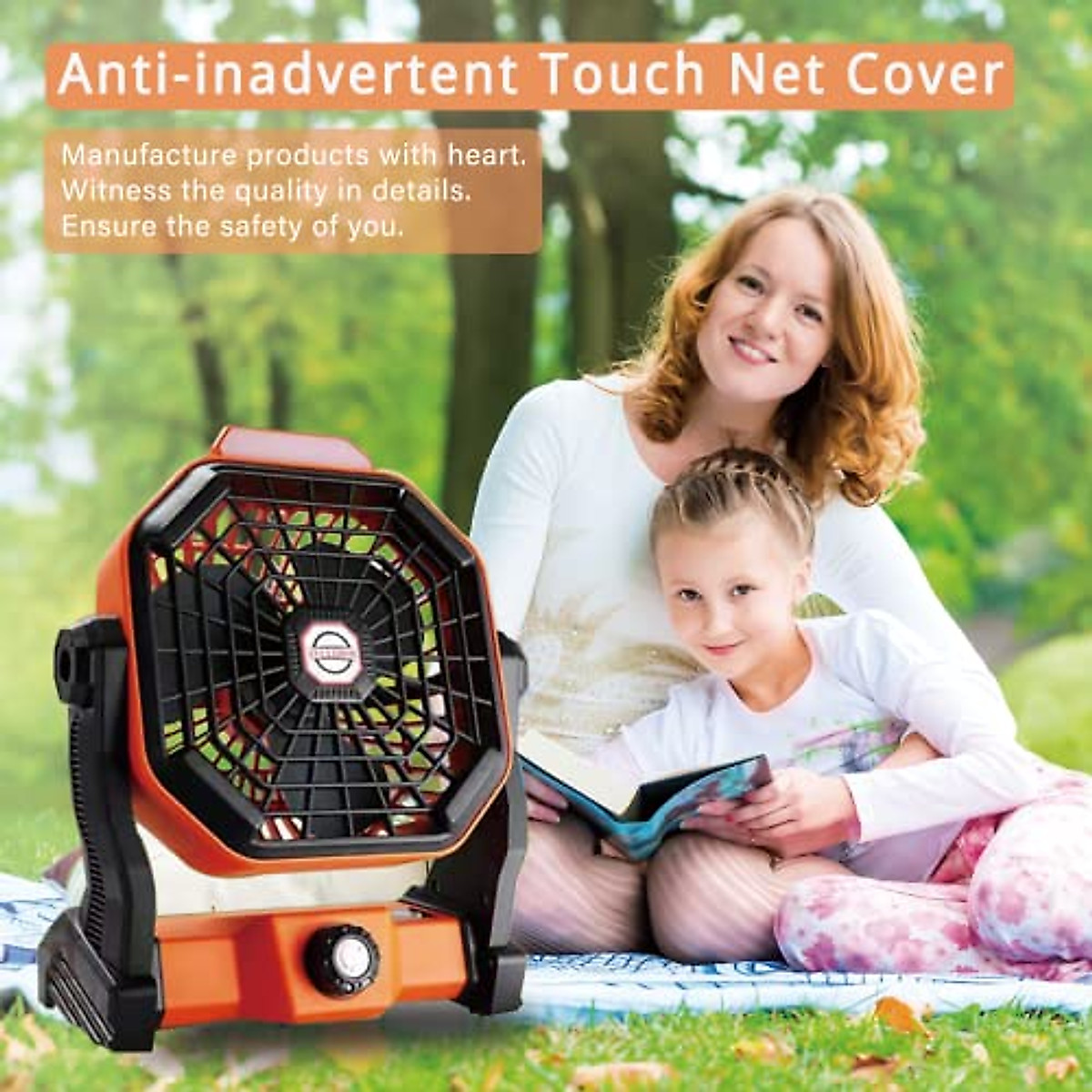 TUNISE Battery Operated Fan, Outdoor Fan,Camping Fans for Tents, 7800mAh Usb Rechargeable Fan, Camping LED Lantern, 3 Speeds Brightness, Ceiling Fan with Hook, Strong Wind Quiet, Sturdy Drop Resistant