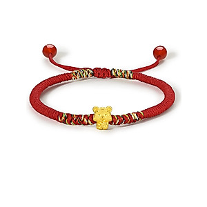 ZHOU LIU FU 24K Solid Gold Bracelet, Real Pure Gold Jewelry Charm Red Braided Bracelets Dainty Lucky Chinese Zodiac Tiger Ruyi Ingot Chain for Women Men Girlfriend