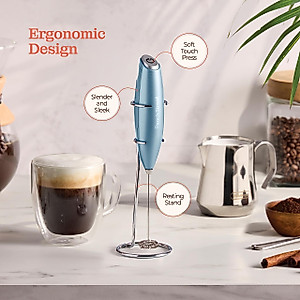 Powerful Handheld Milk Frother, Mini Milk Foamer, Battery Operated (Not included) Stainless Steel Drink Mixer with Frother Stand for Coffee, Lattes, Cappuccino, Frappe, Matcha, Hot Chocolate.