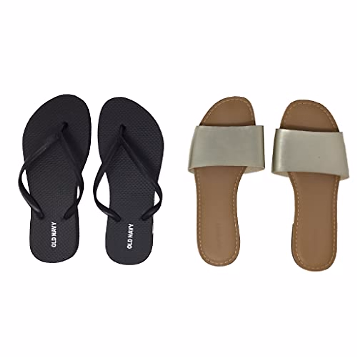 Old Navy ( 8 Faux-Leather Gold Wide-Strap Slide & Black Flip Flops