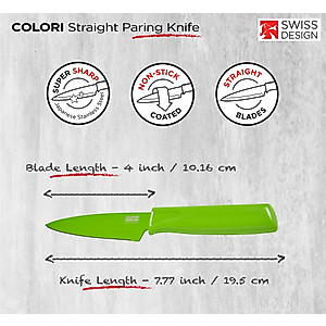 Kuhn Rikon Colori Non-Stick Straight Paring Knife with Safety Sheath, 4 inch/10.16 cm Blade, Lime