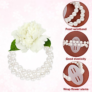 6PCS Wrist Corsage Bracelets, Glossy White Pearl Corsage Wristlet Band Elastic Pearl Wrist Strap Corsage Bracelets DIY Wrist Corsage Kit for Wedding Party Bride Bridesmaid Gift