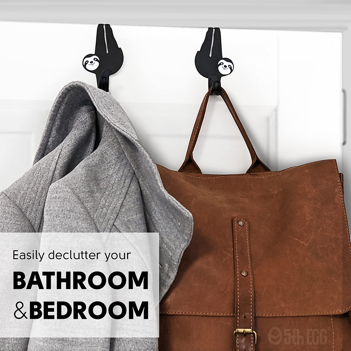 5th EGG Over The Door Hooks for Hanging Towels, Clothes, Coats & Robes for Bathroom and Bedroom Door Hanger Hook Heavy-Duty Metal, Black and White, Hanging Sloth Gift Idea (2-Pcs)