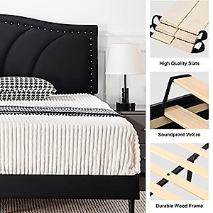 AsKmore Full Size Bed Frame,Velvet Upholstered Platform Bed with Decorative Flower Line & Nailhead Trim Headboard with Wood Slat Support,No Box Spring Needed,Easy Assembly, Black