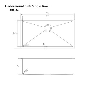 ZLINE 33" Meribel Undermount Single Bowl Stainless Steel Kitchen Sink with Bottom Grid (SRS-33)