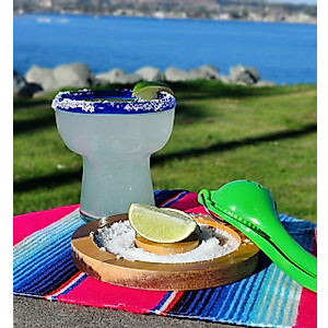 Dos Sueños Mexican Hand Blown Glass – Set of 4 Hand Blown Stemless Blue Rim Margarita Glasses (14oz)