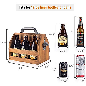 BARGIFTS Wooden 6-Bottle Caddy with Bottle Opener, build in a Removable Middle Divider Metal Bottle Opener… (Brown)