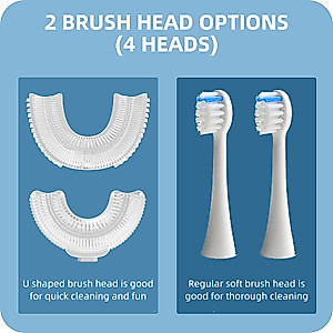 AUITRONCARE Ultrasonic Kids U Shaped Electric Toothbrush, Rechargeable Toddler toothbrushes with 4 Brush Heads, Smart Timer IPX7 Waterproof (Ages 2-12) (Hollow-Blue)