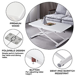 MYSELFLY Living Room Dinning Tables Folding Metal Lift Bracket Multifunction Transform Dinner Kitchen Coffee Tea End Table in Home Wood Desktop Design 40x35 White