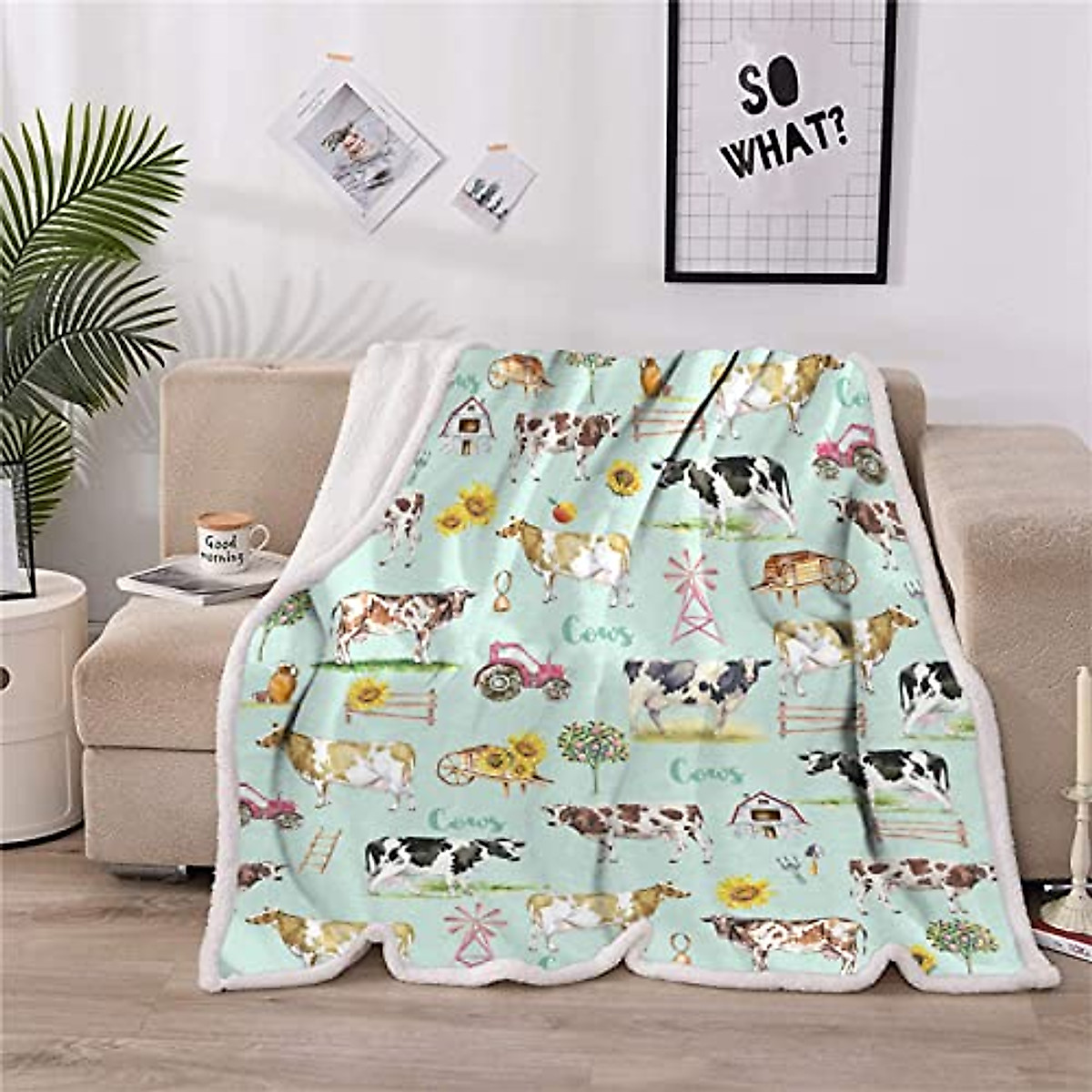 Cow Blanket, Cow Print Blanket, Cow Decor Bedding Throw Blanket, Spring Summer Sunflower Farmhouse Throw Blanket, Cow Gifts for Cow Lovers, Throw Blankets for Bed Sofa Travel Couch 50''x 60''