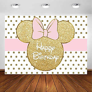 Withu Gold Mouse Backdrop Polka Dot Cartoon Pink Themed Princess Girl Birthday Party Baby Shower Newborn Photography Background Studio Props Banner 7x5ft