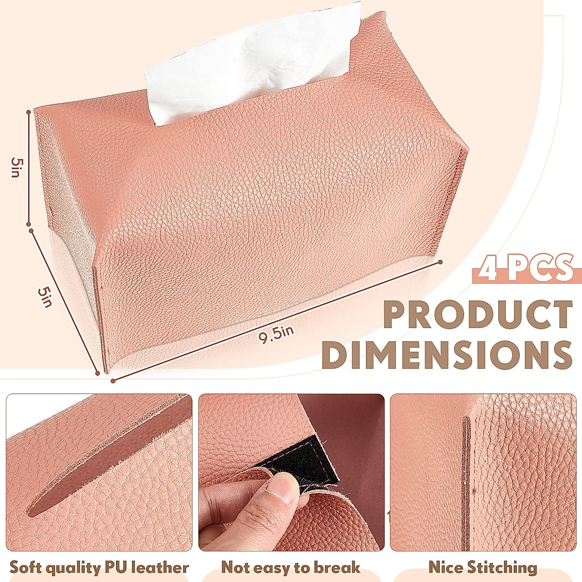 Gerrii 4 Pcs Tissue Box Cover Holder Rectangular PU Leather Tissue Cover Modern Decorative Tissue Box Case Organizer Holder for Tabletop Bathroom Car Vanity Countertop Office Desk 9.5 x 5 x 5 Inch