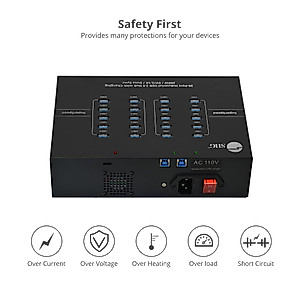 SIIG 20-Port Industrial USB 3.0 Hub with Charging - 200W, 5Gbps with 5V/2.1A per Port, Powered Multiport Hub Expander for Laptop, Tablets, Cellphone, External HDD, Keyboard and Mouse (ID-US0611-S1)