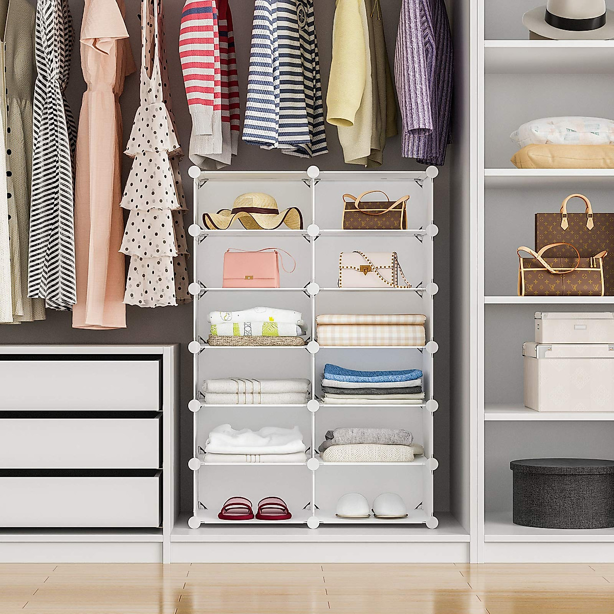 Aeitc Stackable Closet Organizer 6-Shelf Adjustable Space Saver Closet Storage for Folded Clothes and Accessory,White