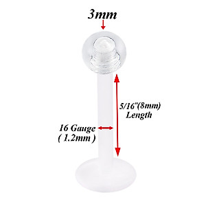 bodyjewellery 4Pcs 16g 5/16 Labret Studs Lip Conch Bioflex Push In Monroe Ring Tragus Marilyn Spider Snake Bites Clear Black AB Crystal