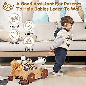 Woodtoe Wooden Baby Walker, Adjustable Speed Anti-Rollover Push Walker Toy for Babies Learning to Walk, Natural Wood Toddler Push and Pull Baby Walker Wagon Gift for Boy Girl 1 2 3(Patent Protection)