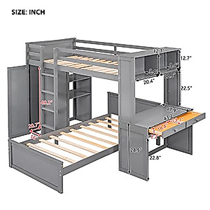 Twin Size Loft Bed with Desk and Wardrobe, Wood Loft Bed Frame with Storage Shelves and A Stand-alone Bed, Twin Over Twin Bunk Bed Frame for Kids Teens Adults (Bottom Bed Can Be Moved, Gray)