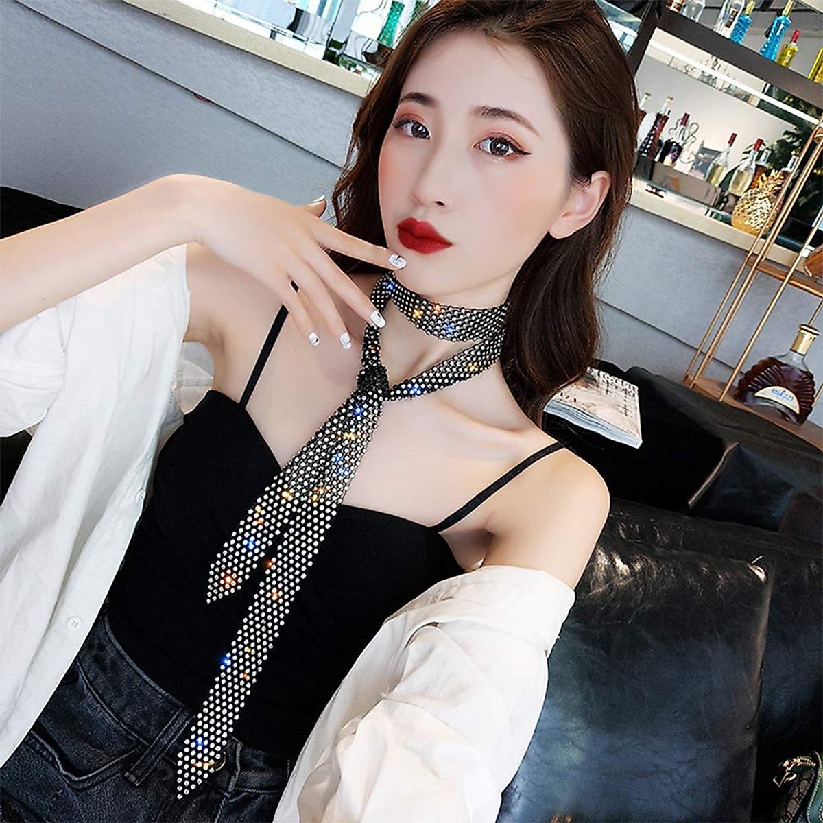 Aimimier Bohemian Long Rhinestone Necklace Black Tie with Sparkling Crystal Punk Body Waist Chain for Women and Girls