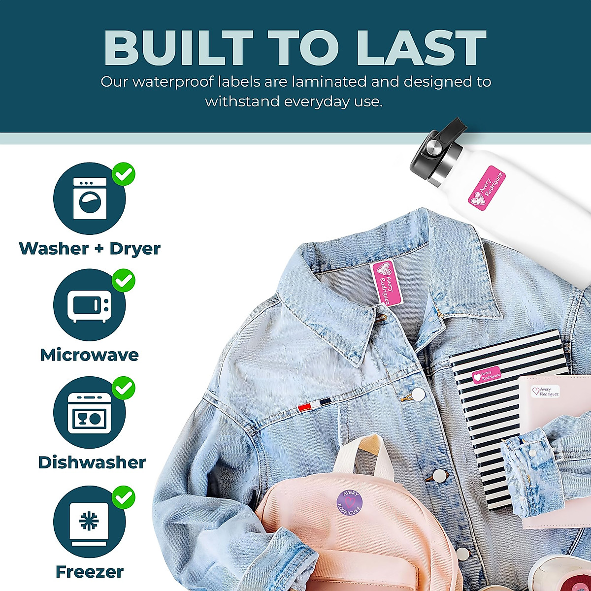 Bunny Badges Personalized Daycare Name Labels (130 Labels) - Custom Waterproof Name Stickers for Clothing Tags, Water Bottles, Lunch Boxes and School Supplies (Dinosaurs)