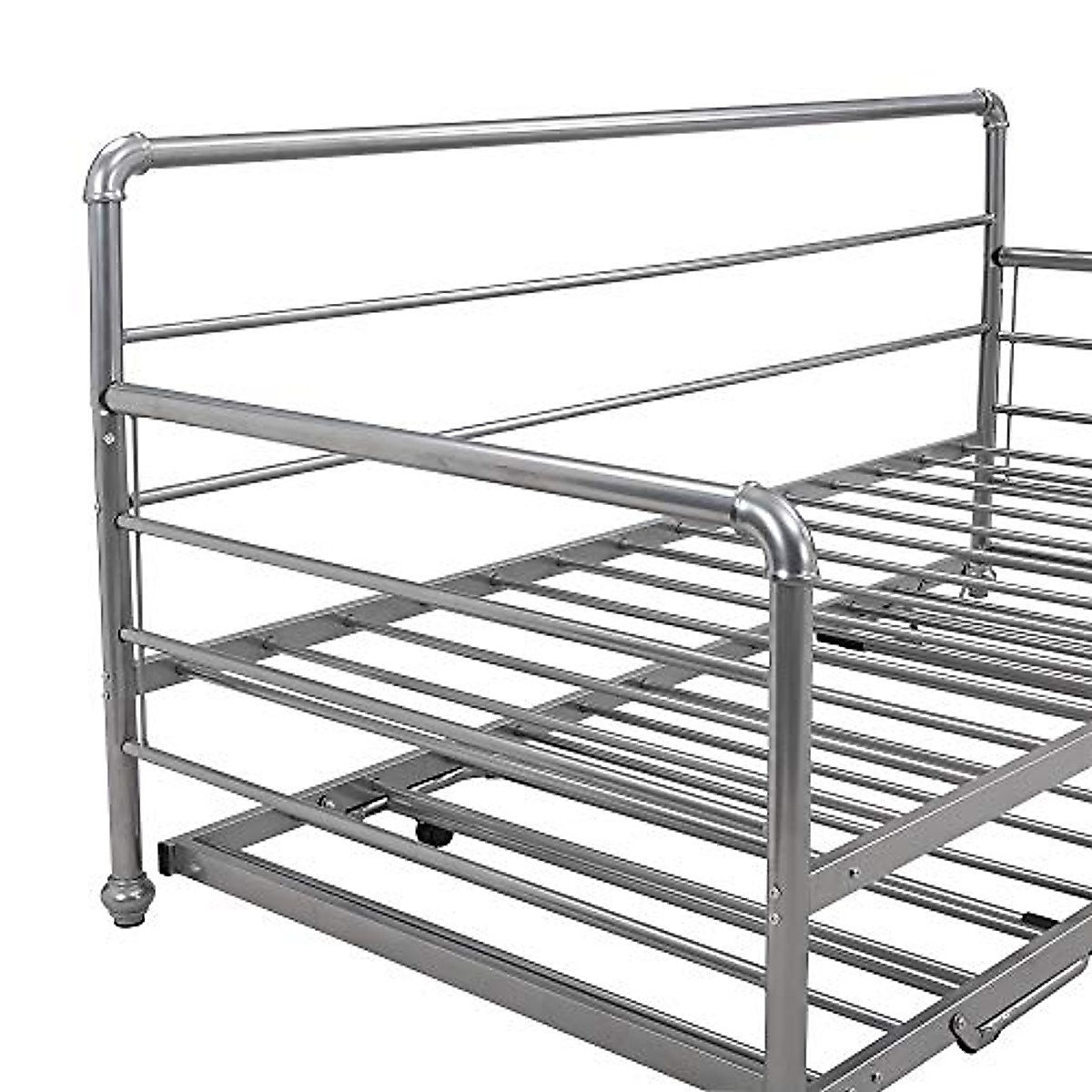 Aoowow Twin Size Metal Daybed with Trundle, Heavy Duty Steel Daybed with Pop Up Trundle Bed,Extendable Daybed Twin to King Size (Silver)