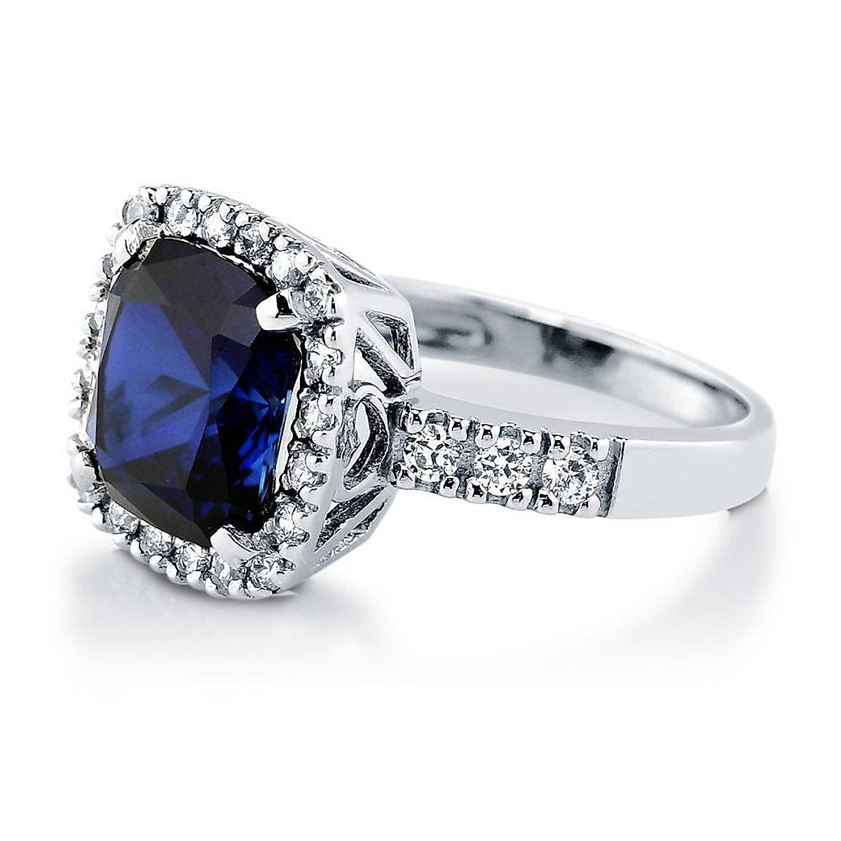 BERRICLE Sterling Silver Halo Simulated Blue Sapphire Cushion Cut Cubic Zirconia CZ Statement Cocktail Fashion Ring for Women, Rhodium Plated Size 6