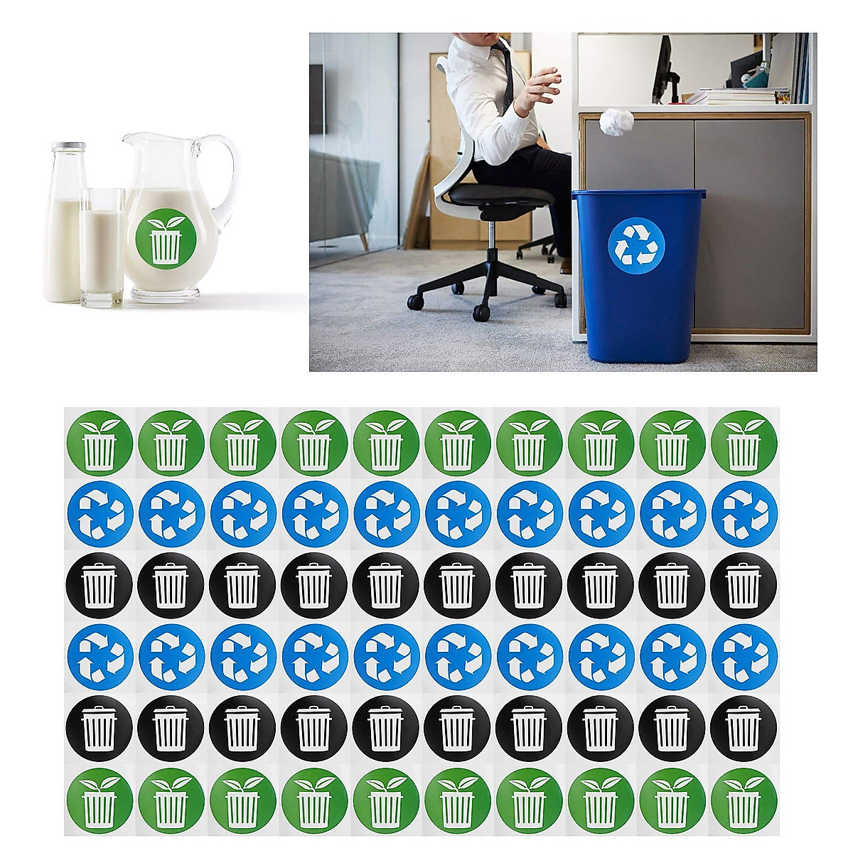 60Pcs Recycle Sticker Compost Sticker Reusable Easy to Tear and Stick Large Patterns Trash Sticker for Waste Box Recycling Station Wall Trash Can