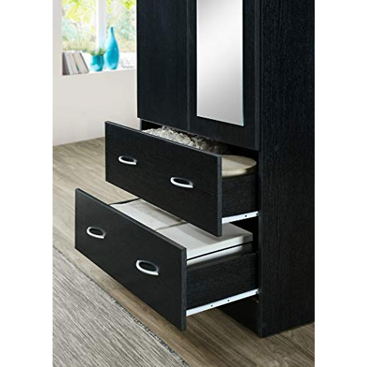 Hodedah Two Door Wardrobe with Two Drawers and Hanging Rod plus Mirror, Black