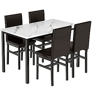 Recaceik Dining Table Set for 4, Kitchen Table and Chairs Set with Faux Marble Tabletop & 4 Leather Upholstered Chairs for Kitchen Dining Room, Compact Space, Dinette Set, White+Brown