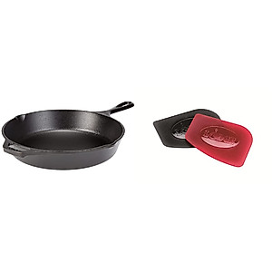 Lodge L8SK3 Pre-Seasoned Cast-Iron Skillet, 10.25-inch and Lodge SCRAPERPK Durable Polycarbonate Pan Scrapers, Red and Black, 2-Pack Bundle