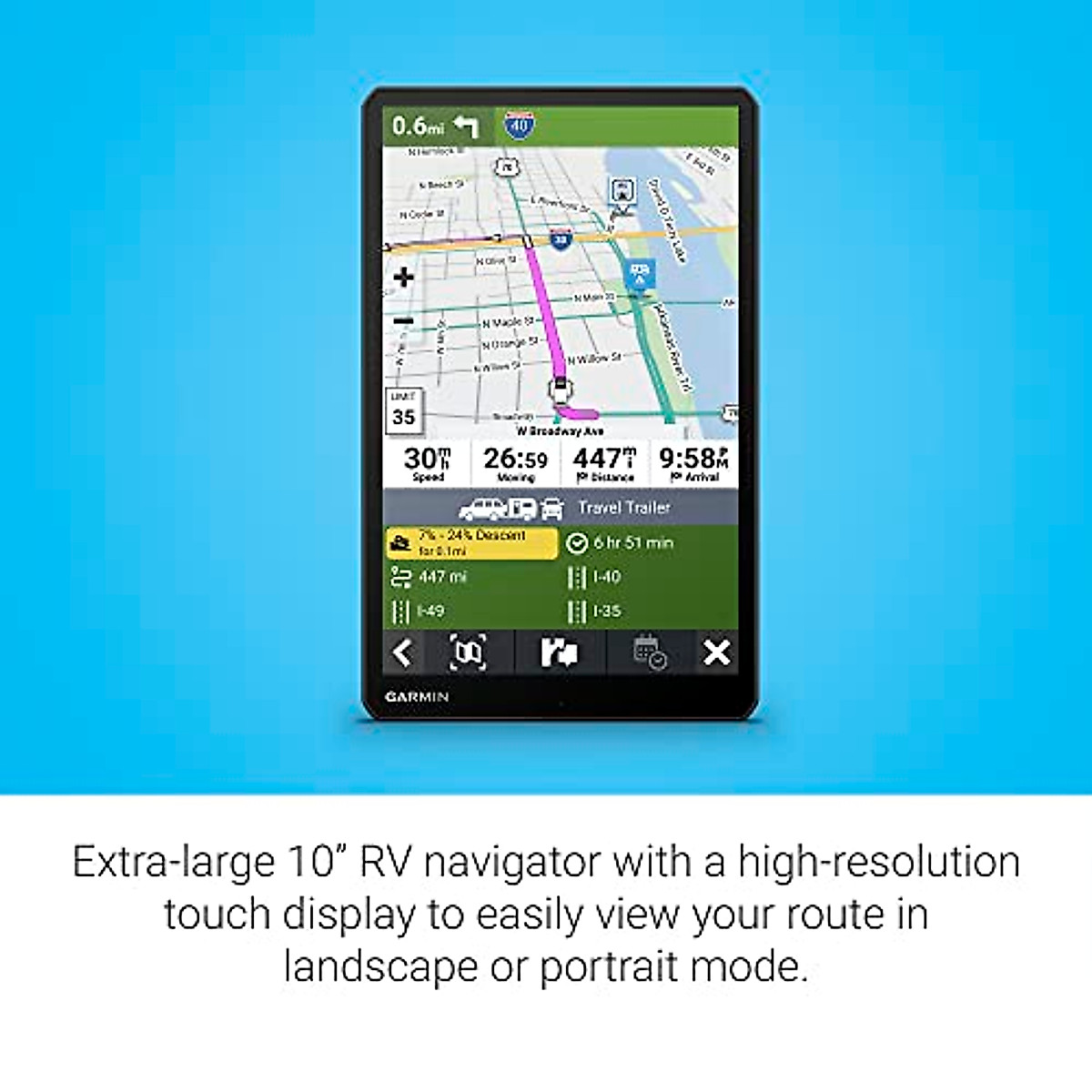 Garmin RV 1095, Extra-Large, Easy-to-Read 10” GPS RV Navigator, Custom RV Routing, High-Resolution Birdseye Satellite Imagery, Directory of RV Parks and Services, Landscape or Portrait View Display