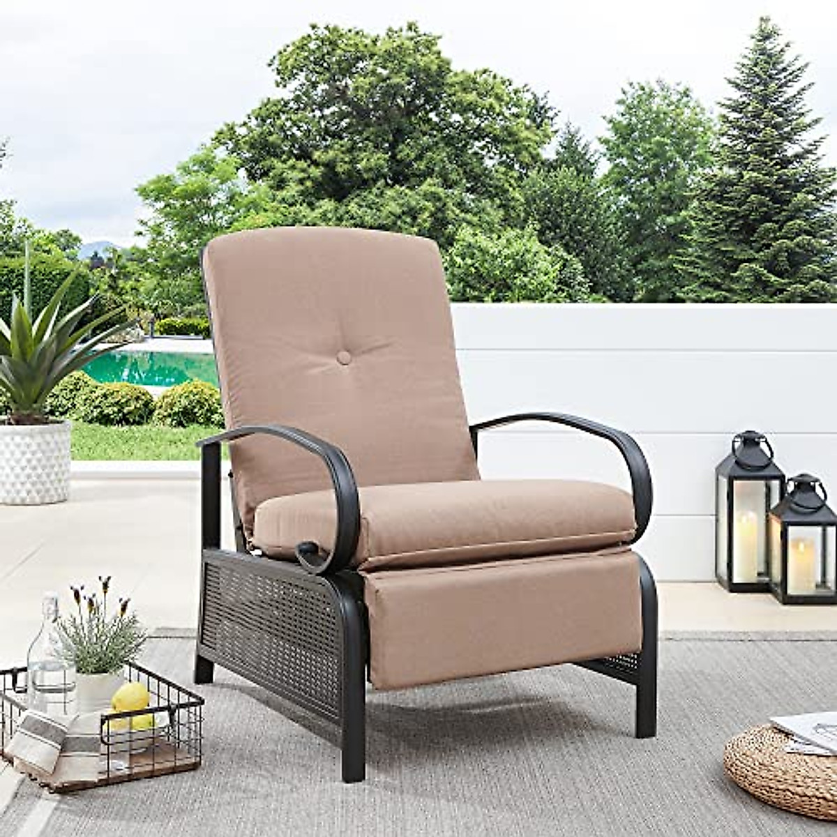 Ulax Furniture Patio Recliner Chair Automatic Adjustable Back Outdoor Lounge Recliner Chair with 100% Olefin Cushion (Beige)