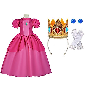 Princess Dress up Costume for Girls with Crown Blue Earrings Gloves Brooch Peach Cosplay Halloween Birthday Party Red-130
