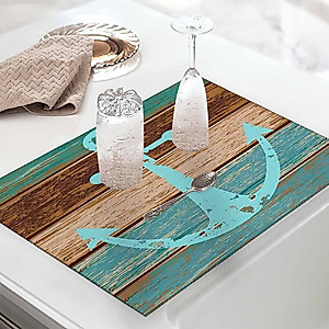Beabes Nautical Anchor Dish Drying Mat, Rustic Wood Anchor Coral Starfish Ocean Marine Drying Mat for Kitchen Counter 18x24 Inches Quick Drying Foldable Mat