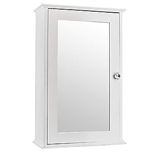 Bathroom Wall Cabinet, White Bathroom Wall Cabinet , with Mirror Single Door and 5 Compartment Storage Cabinet, Wood Hanging Cabinet, Kitchen Medicine Storage Organizer, for Bathroom (With Mirror,)