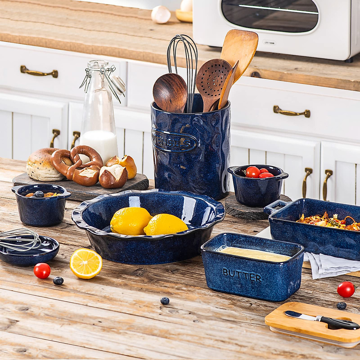 Vicrays 2-Piece Ceramic Kitchen Utensil Holder Butter Dish Keeper Container with Knife for Stove Top and Countertop