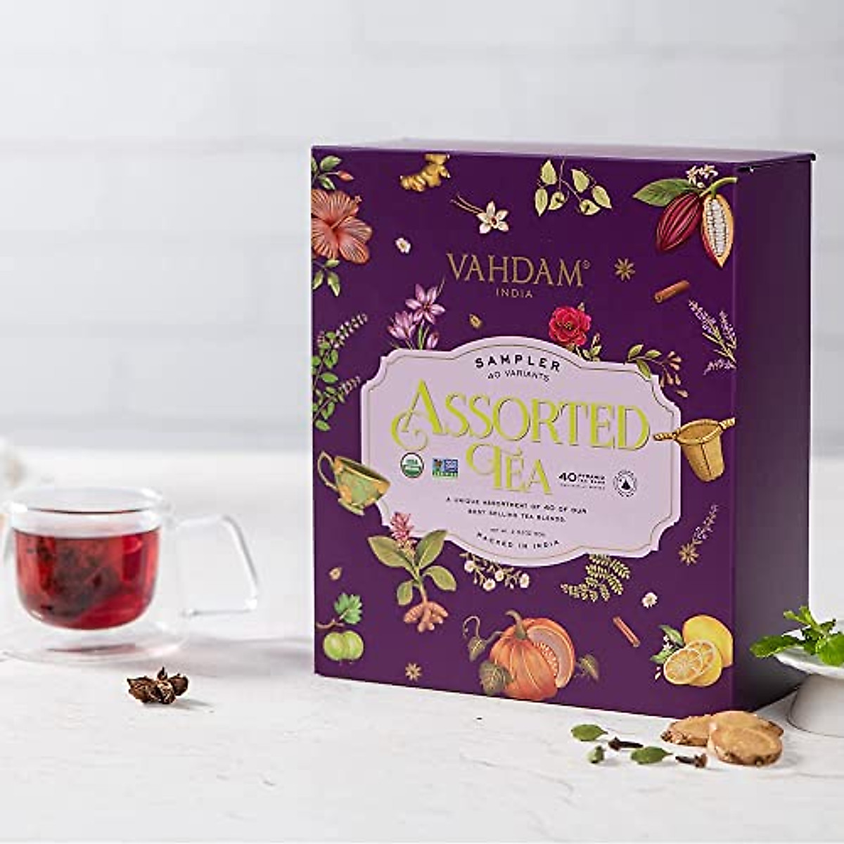 VAHDAM, Assorted Tea Bags Sampler - 40 Flavors, 40 Tea Bag | Tea Bags Variety Pack - Herbal Tea, Green Tea, Chai Tea, Black Tea in Tea Assortment Gift Set, Tea Bags Variety Pack