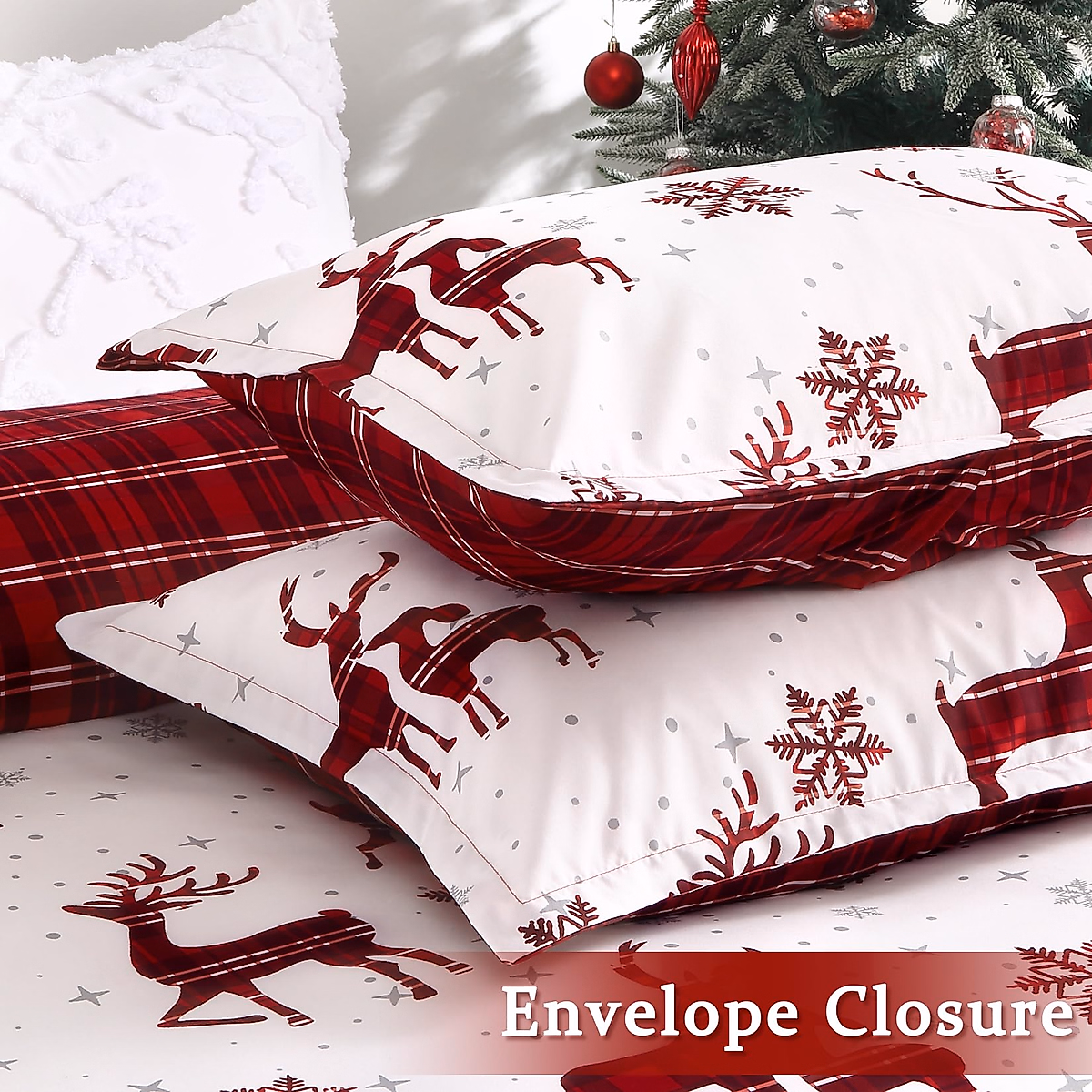 STARBEDIA Christmas Duvet Cover King, Soft Brushed Microfiber Comforter Cover Sets, Reindeer Printed Holiday Theme Bedroom Decorative Bedding (King Size, Red Plaid Deer)