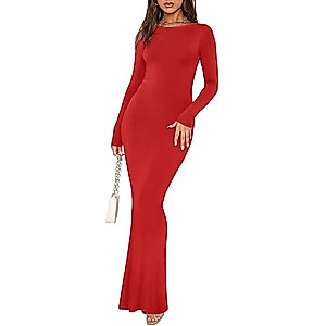 REORIA Womens Sexy V Backless Soft Lounge Long Dress Fall Wedding Guest Casual Going Out Boat Neck Long Sleeve Ribbed Bodycon Maxi Dresses Red Small