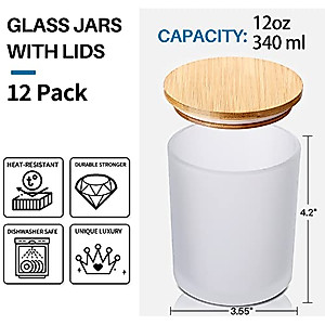 Aminigram 12 Pack, 12 OZ Frosted Candle Jars with Bamboo Lids, Empty Matte White Glass Candle Jars for Making Candles, Morden Kitchen Bathroom Small Things Container - Bonus 36 Sticky Labels