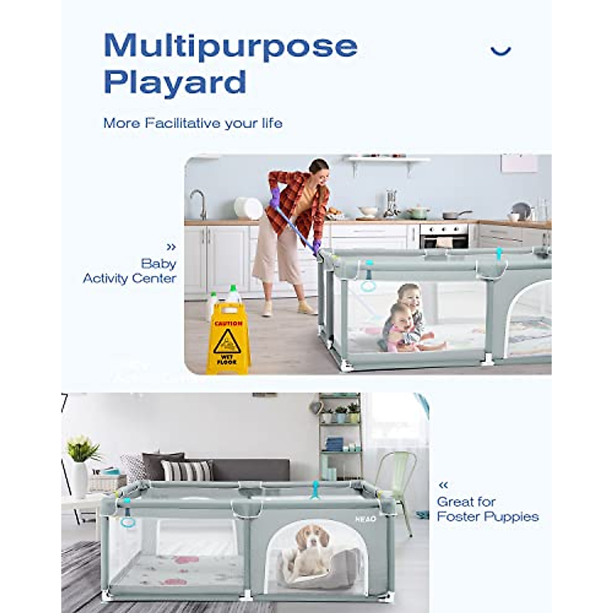 HEAO Baby Playpen | Baby Playard with Mat for Babies and Toddlers, Kids Play Pen with Bag, 71x47" Baby Play Yards, Safety Baby Fence with Breathable Mesh, Light Grey