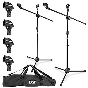Pyle Universal Adjustable Tripod Microphone Stand - Pair of Heavy Duty Lightweight Professional Compact Extendable Stage Studio Floor Standing Boom Mic Holder w/ Carry Bag, 5/8" Adapter - PMKSKT35