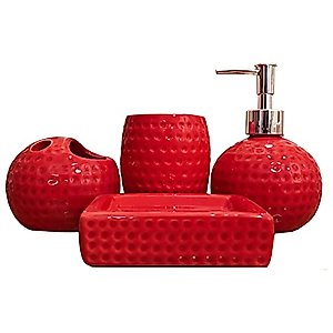 LISANEK Bathroom Accessories Set 4 Piece Ceramic Bathroom Accessories Decoration Set with Lotion Dispenser, Soap Dish,Cup,Toothbrush Holder (Red)