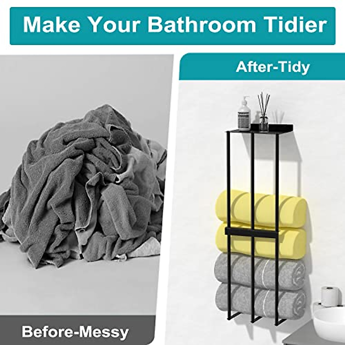 Towel Rack for Bathroom, New Upgrade 3 Bar Wall Towel Racks for Rolled Towels, Towel Storage with Metal Top Shelf, Wall Mounted Bathroom Organizer (Black)