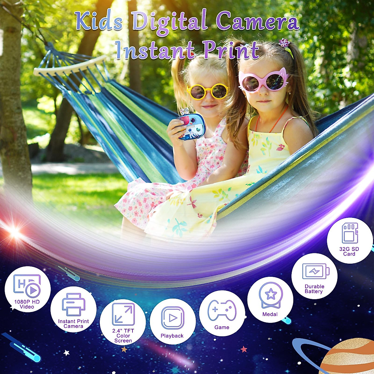 USHINING Kids Camera Instant Print, Selfie Digital Camera for Boys Girls Aged 3-12,1080P Kids Video Camera with 2.4" Screen, 32GB SD Card,Color Pens,Print Papers and Lanyard (Blue)