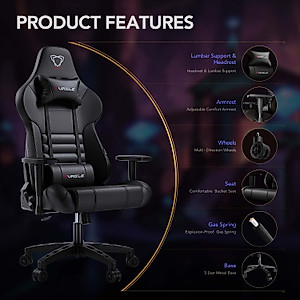 Gaming Chair - Furgle Computer Chair - Racing Style High-Back Office Chair - PU Leather Ergonomic Video Game Chairs for Adults - Adjustable Armrests - Headrest and Lumbar Support - Rocking Mode -Black