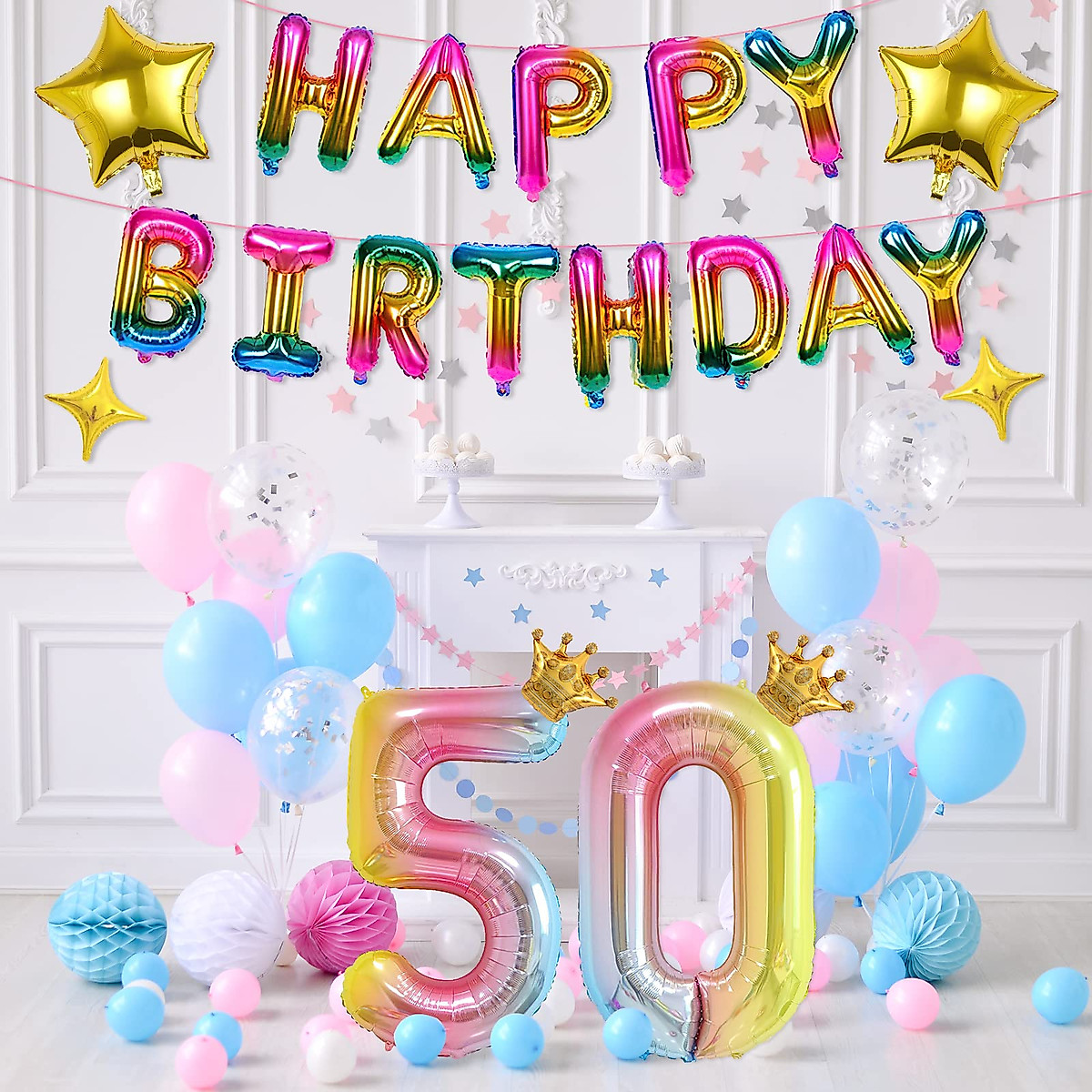 18Pcs Gradient Happy Birthday Balloons Banner, 16 Inch Mylar Foil Letters Birthday Sign Banner Gradient Happy Birthday Party decorations for Girls Kids Baby Shower Party Supplies (50th)