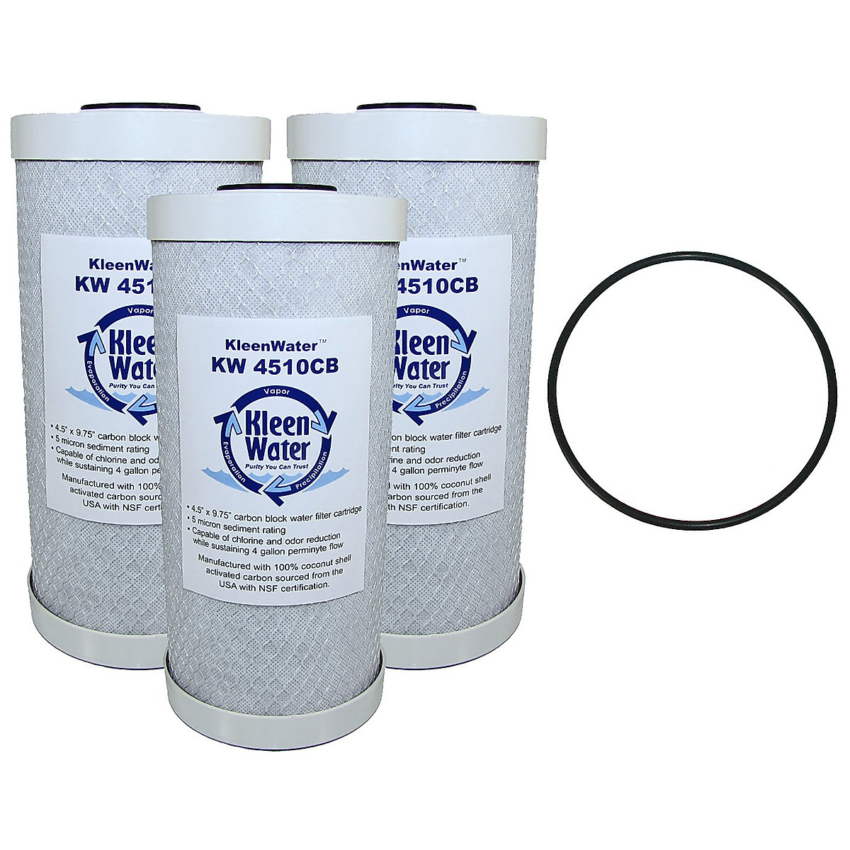 KleenWater KW4510CB Carbon Block Water Filter Cartridges, Set of 3, Replacement O-Ring (1), Compatible with 32-425-125-975, RFC-BB, WHEF-WHHPCBB, CBC-BB and EP-BB